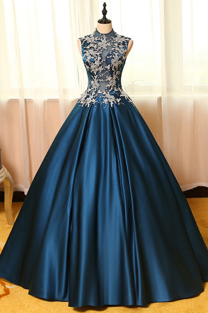 Blue Prom Dreses,Satins Prom Gown,Ball Gown Prom Dresses, Lace Applique ...