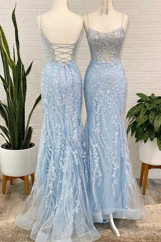 Mermaid Light Blue Embroidery Long Prom Dress With Straps on Luulla